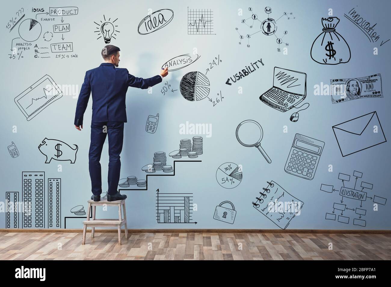 Businessman drawing plan on blue wall. Business project concept Stock ...