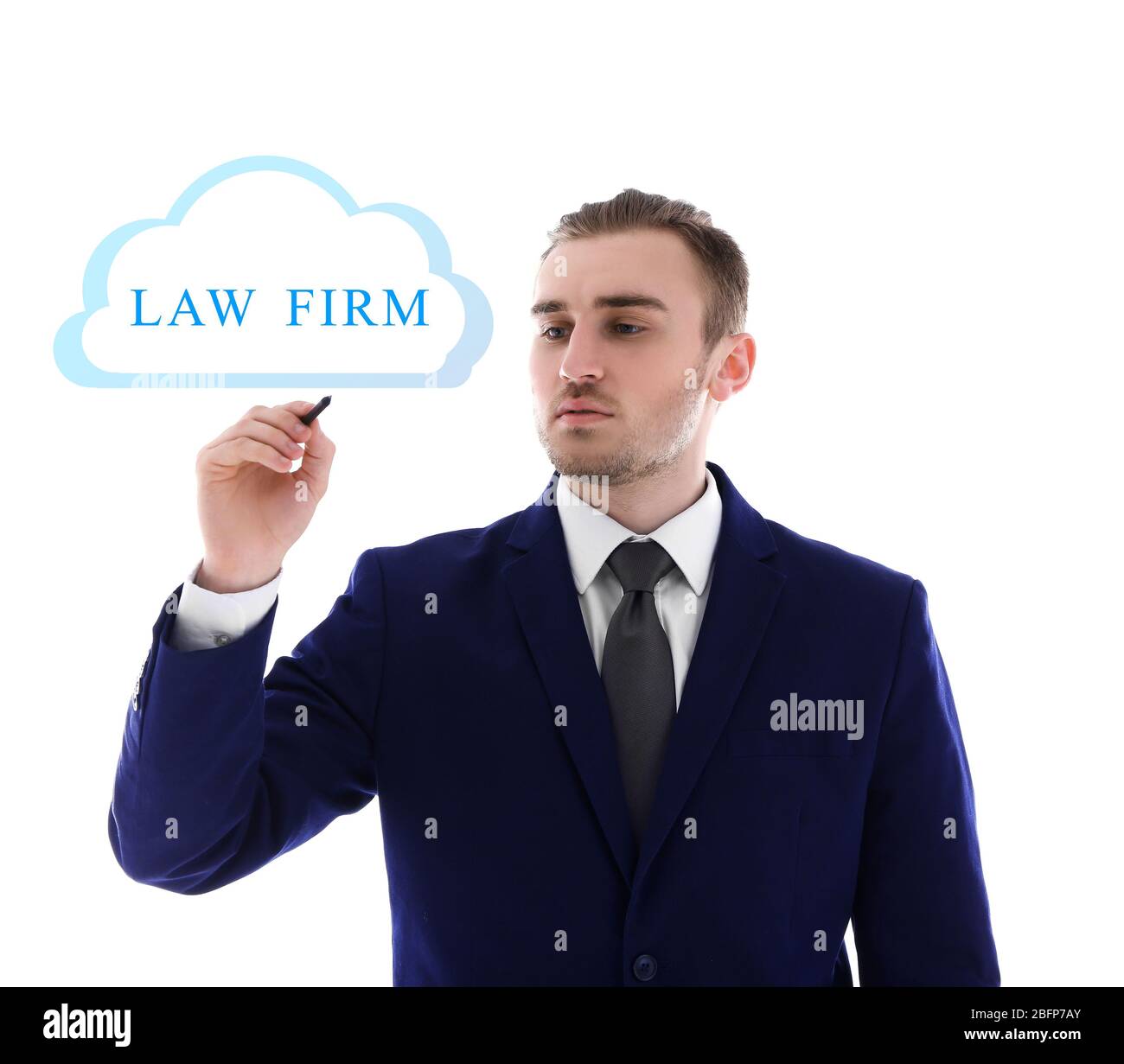 Handsome man writing LAW FIRM with marker, isolated on white Stock ...