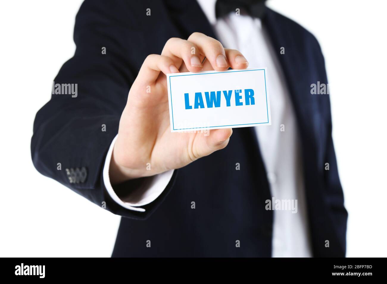 Elegant man in suit holding business card LAWYER, isolated on white ...