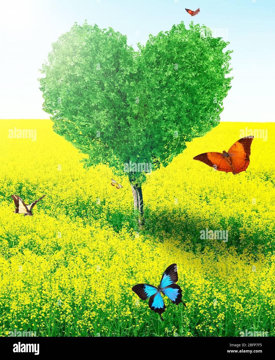 Beautiful field with heart shape tree and butterflies. Abstract ...