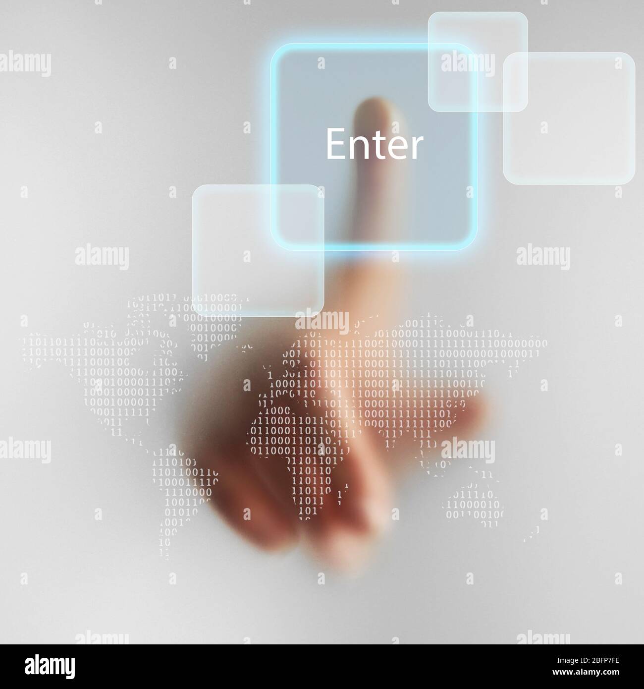 Hand pushing button on virtual screen Stock Photo - Alamy
