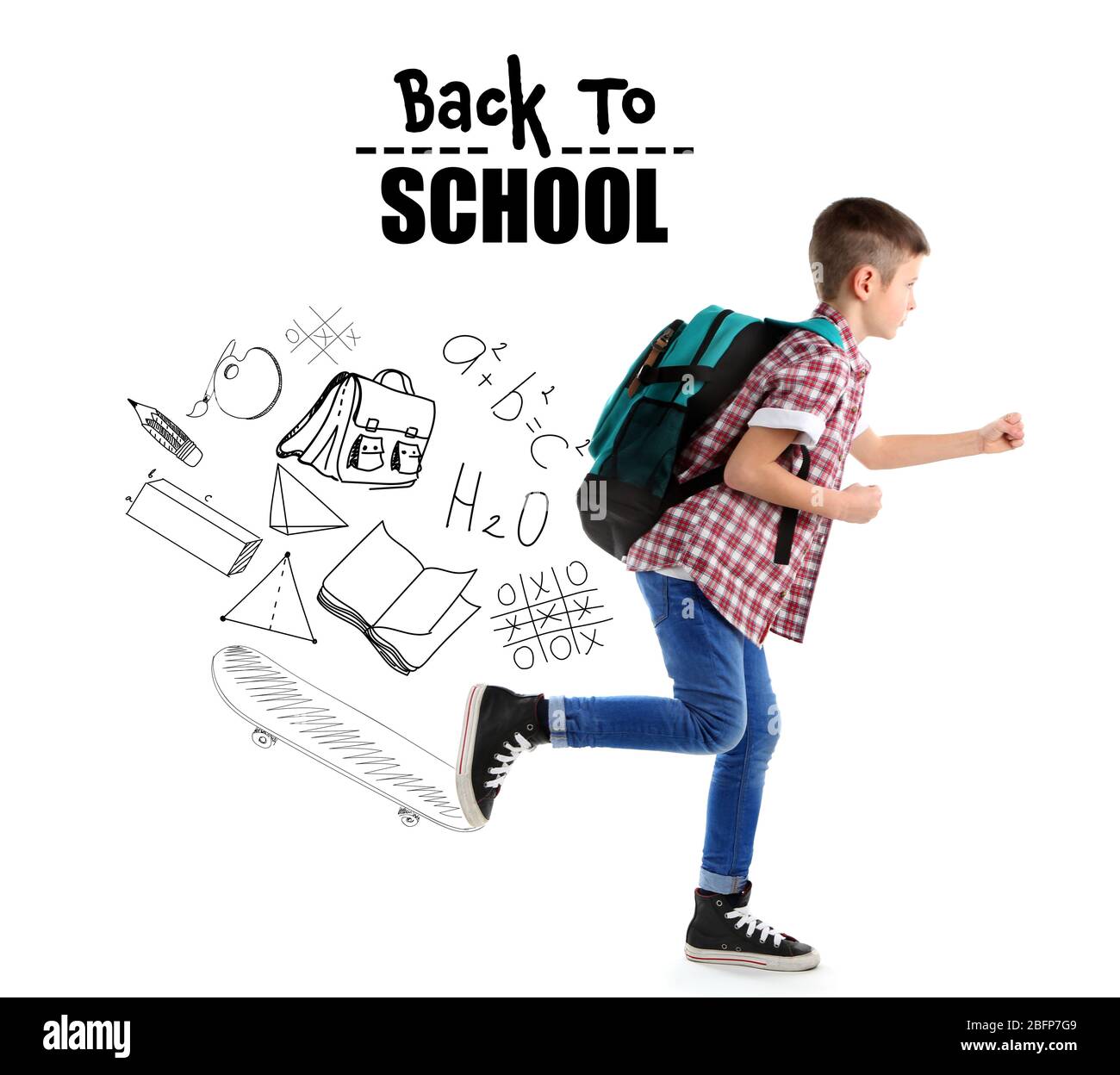 Running little boy with back pack and pictures of school theme isolated ...