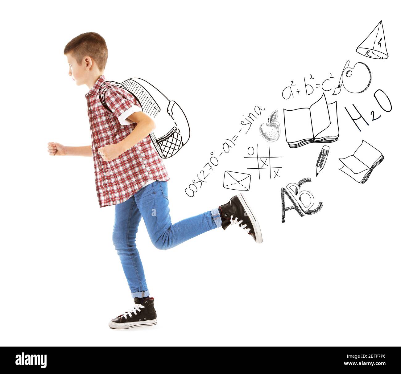 Running little boy with back pack and pictures of school theme isolated ...