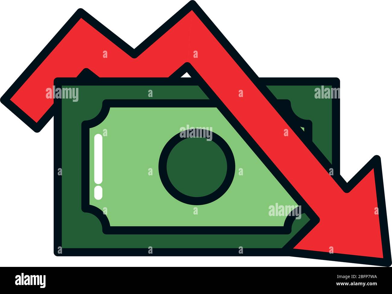 money bill and descending arrow icon over white background, line and ...