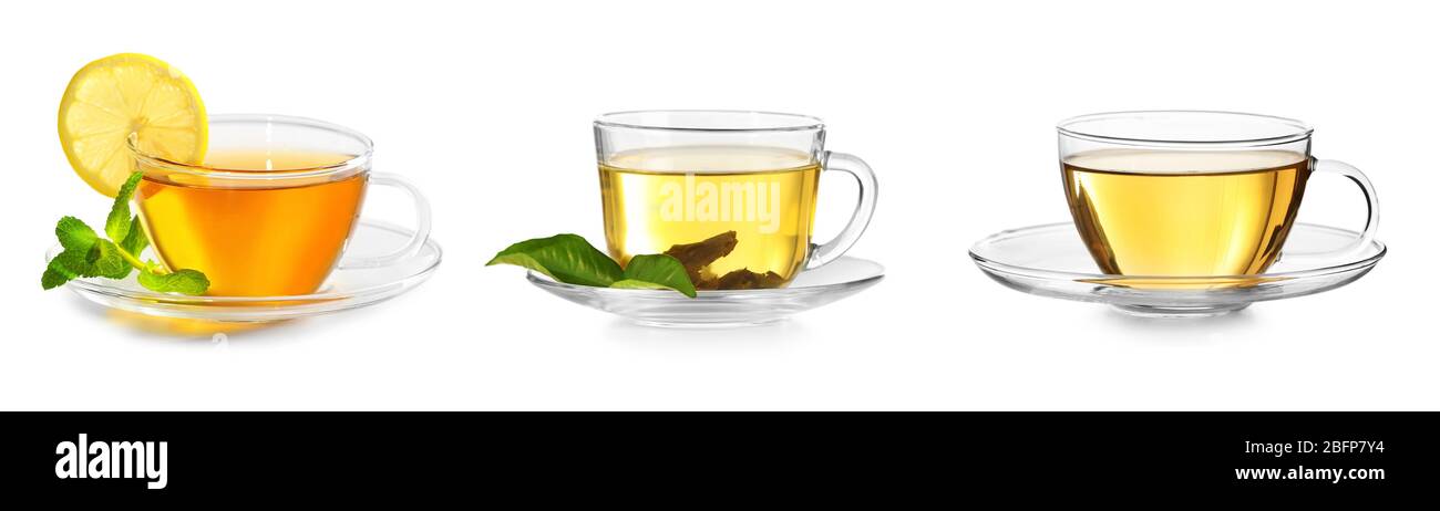 Delicious tea collage on white background Stock Photo - Alamy
