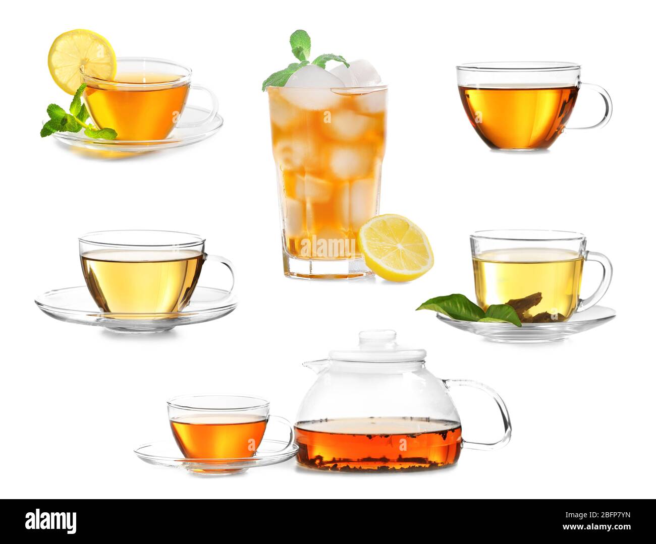 Delicious tea collage on white background Stock Photo - Alamy