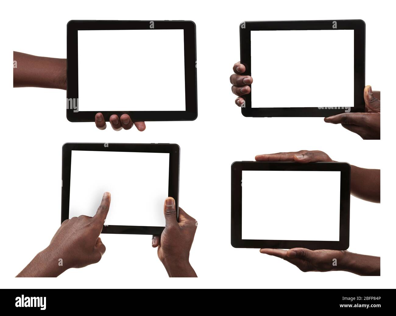 Collage of male hands holding tablets on white background. Blank tablet ...