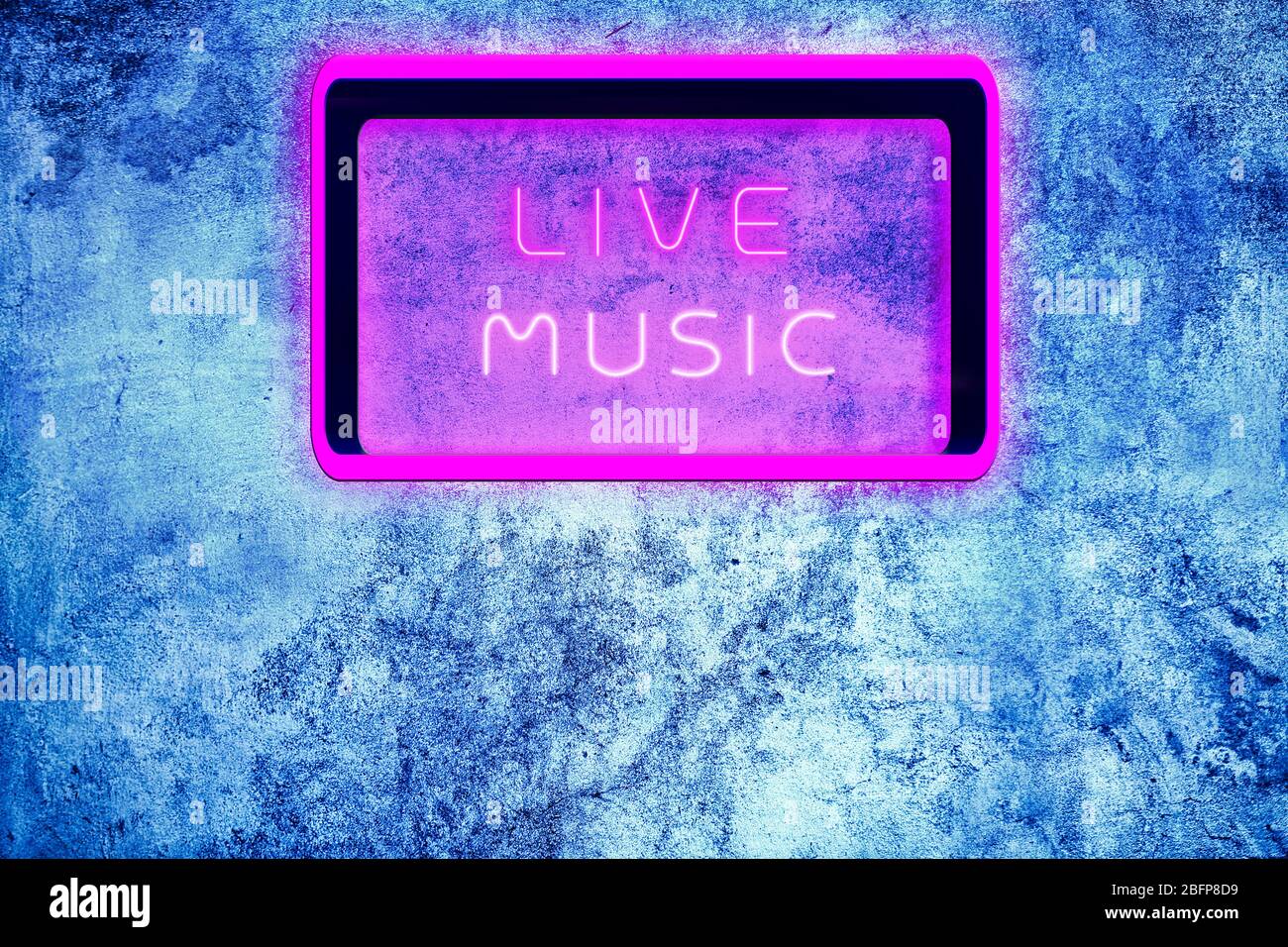 Neon warning board with text live music on blue background Stock Photo ...