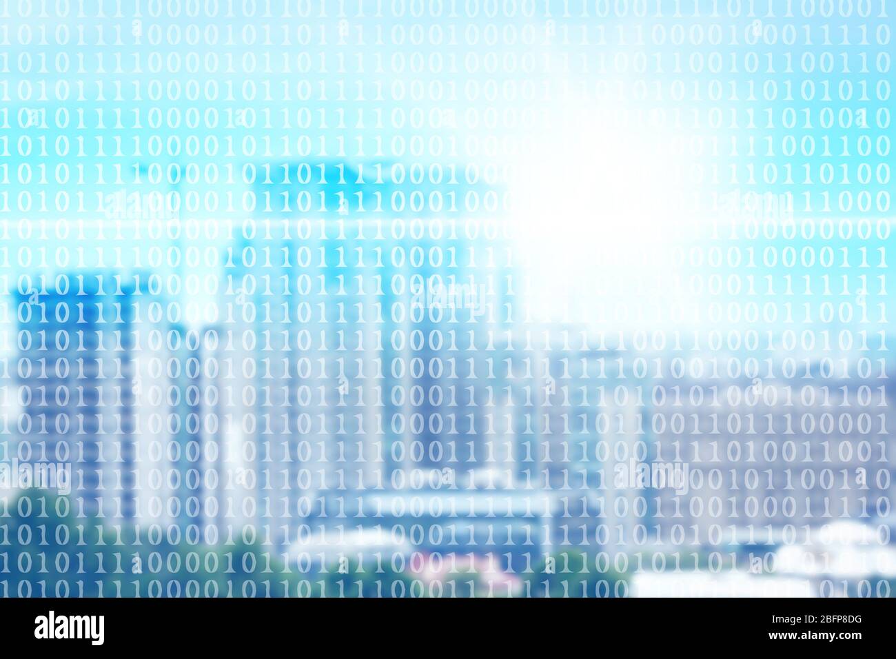 Binary code on blurred cityscape background Stock Photo - Alamy