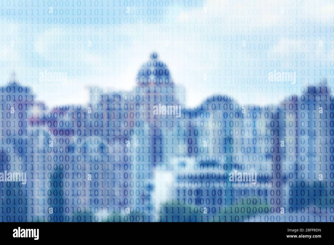 Binary code on blurred cityscape background Stock Photo - Alamy