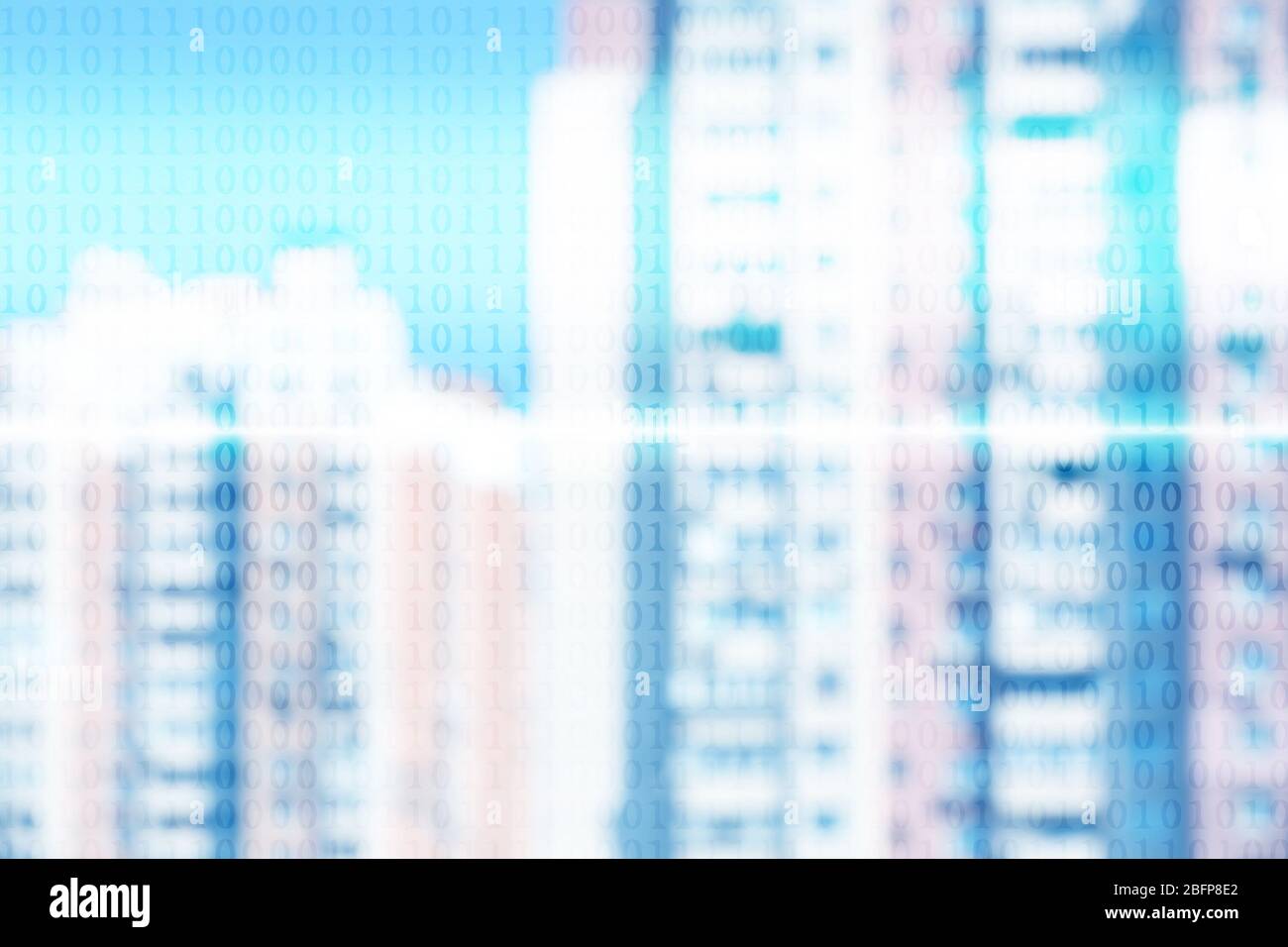Binary code on blurred cityscape background Stock Photo - Alamy