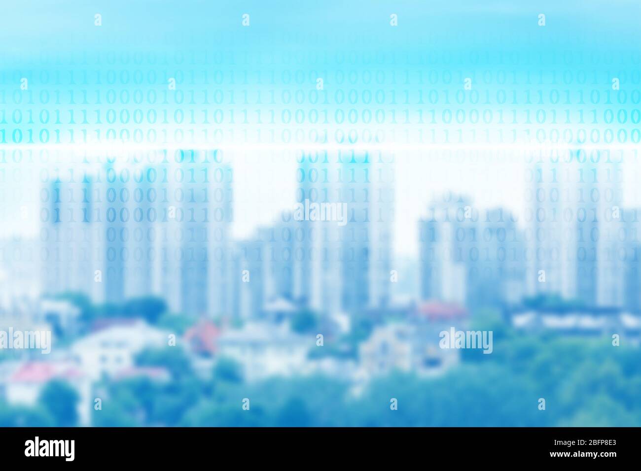 Binary code on blurred cityscape background Stock Photo - Alamy