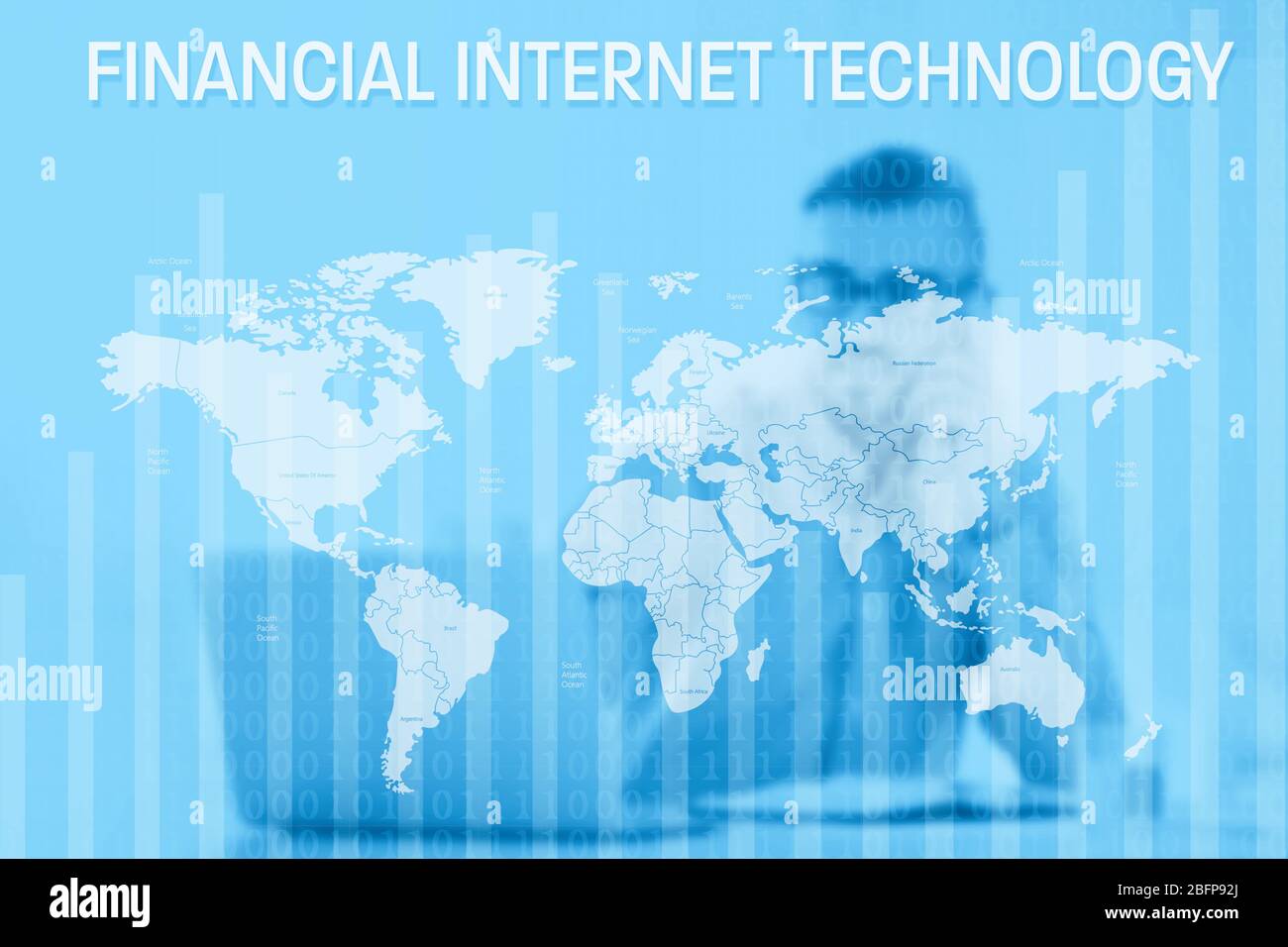 Financial internet technology concept. World map on blurred office ...