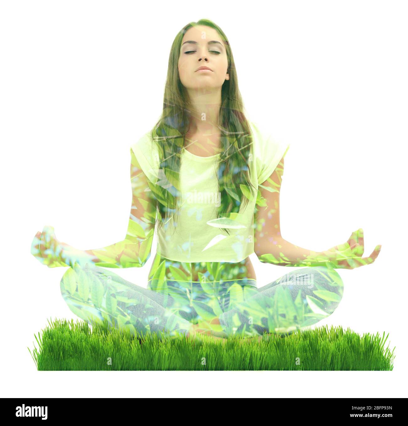 Double exposure of green tree leaves and beautiful young woman sitting ...