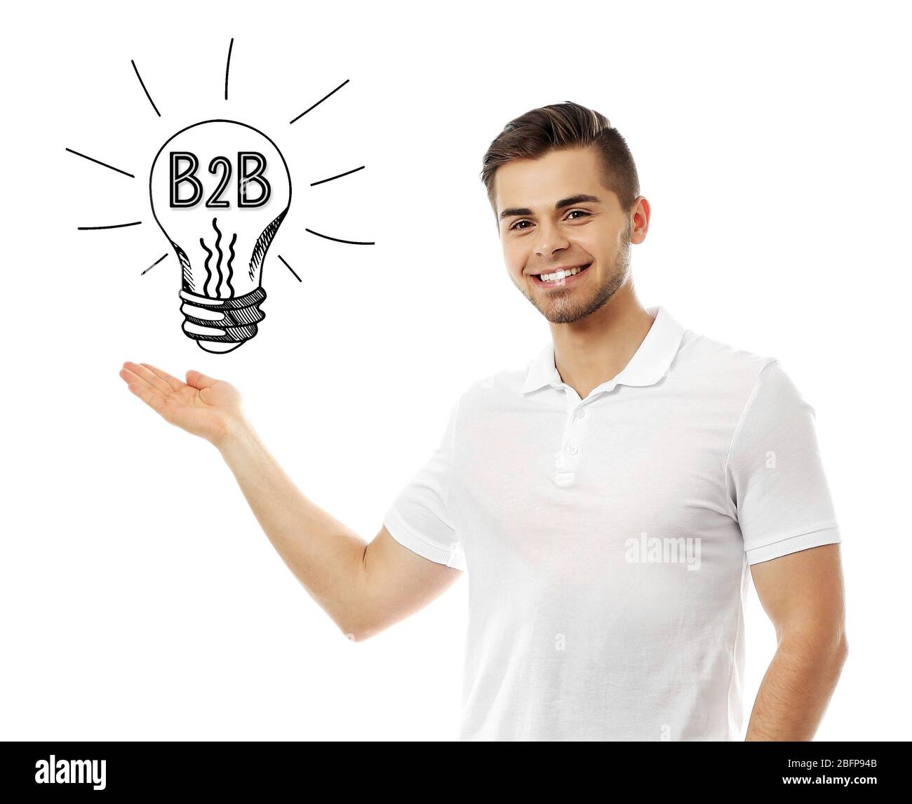 B2B business to business concept. Handsome young man with idea bulb ...