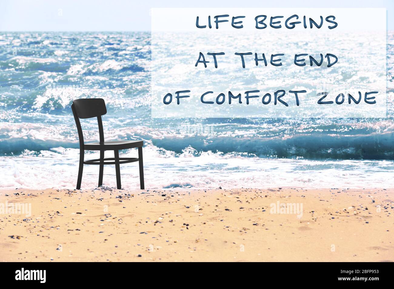 Comfort zone concept. Black chair on the beach Stock Photo - Alamy