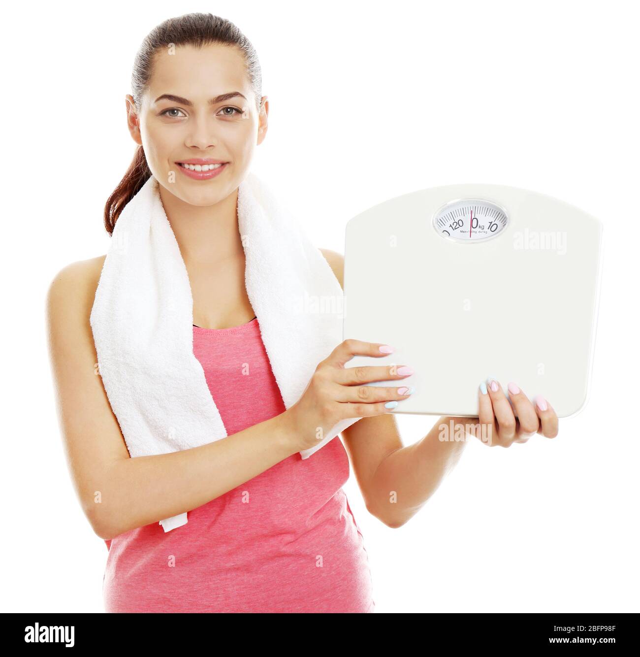 Young beautiful woman with towel and scales on white background Stock ...