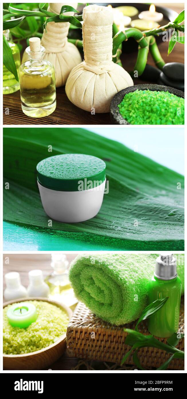 Collage of cosmetic products and spa compositions. Beauty treatment ...