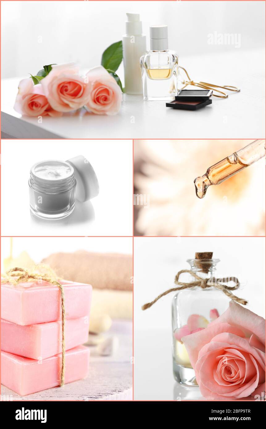 Collage of cosmetic products and spa compositions. Beauty treatment ...
