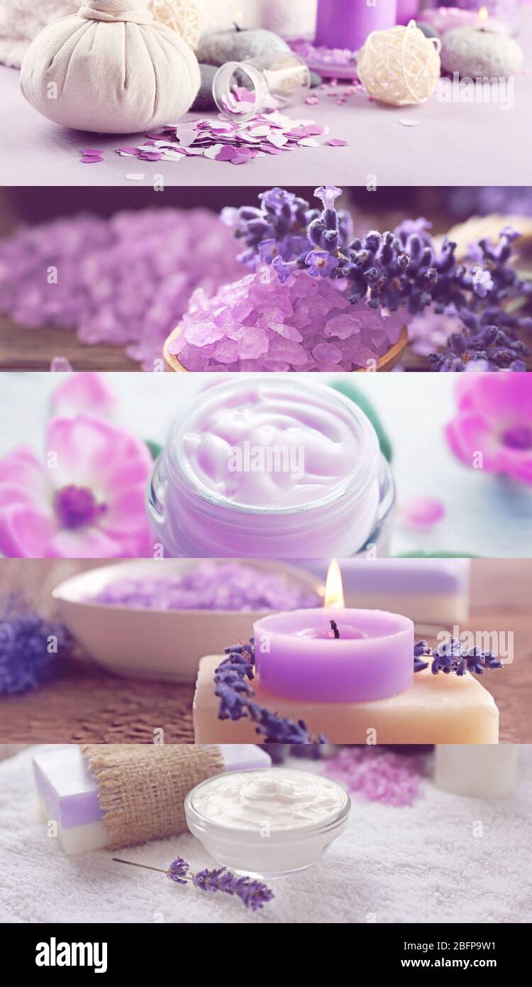 Collage of cosmetic products and spa compositions. Beauty treatment ...