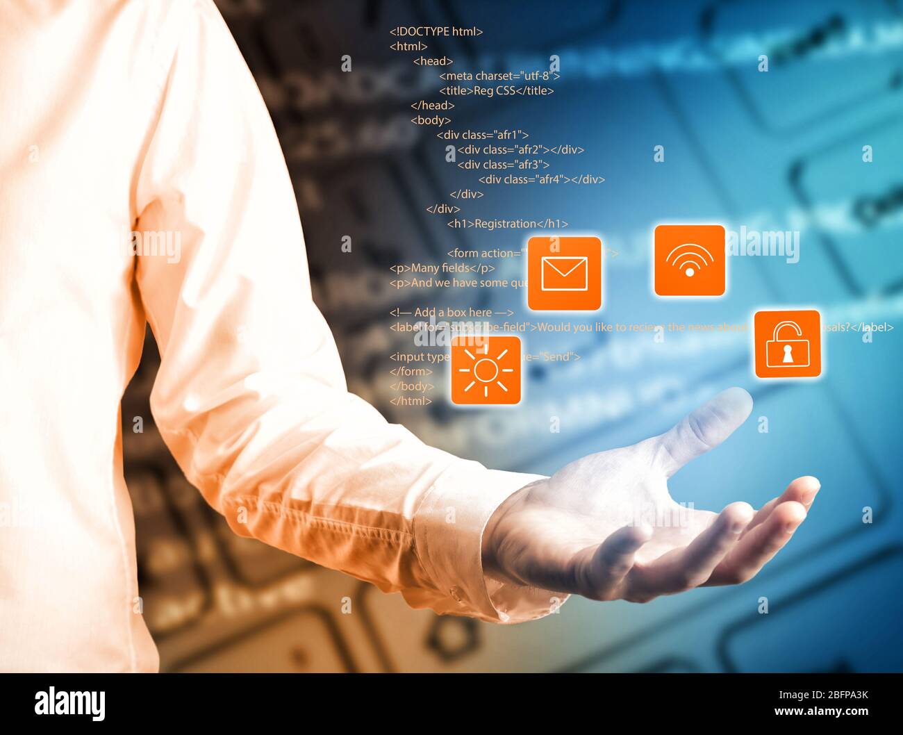 Man working with virtual screen. Male hand with virtual icons ...