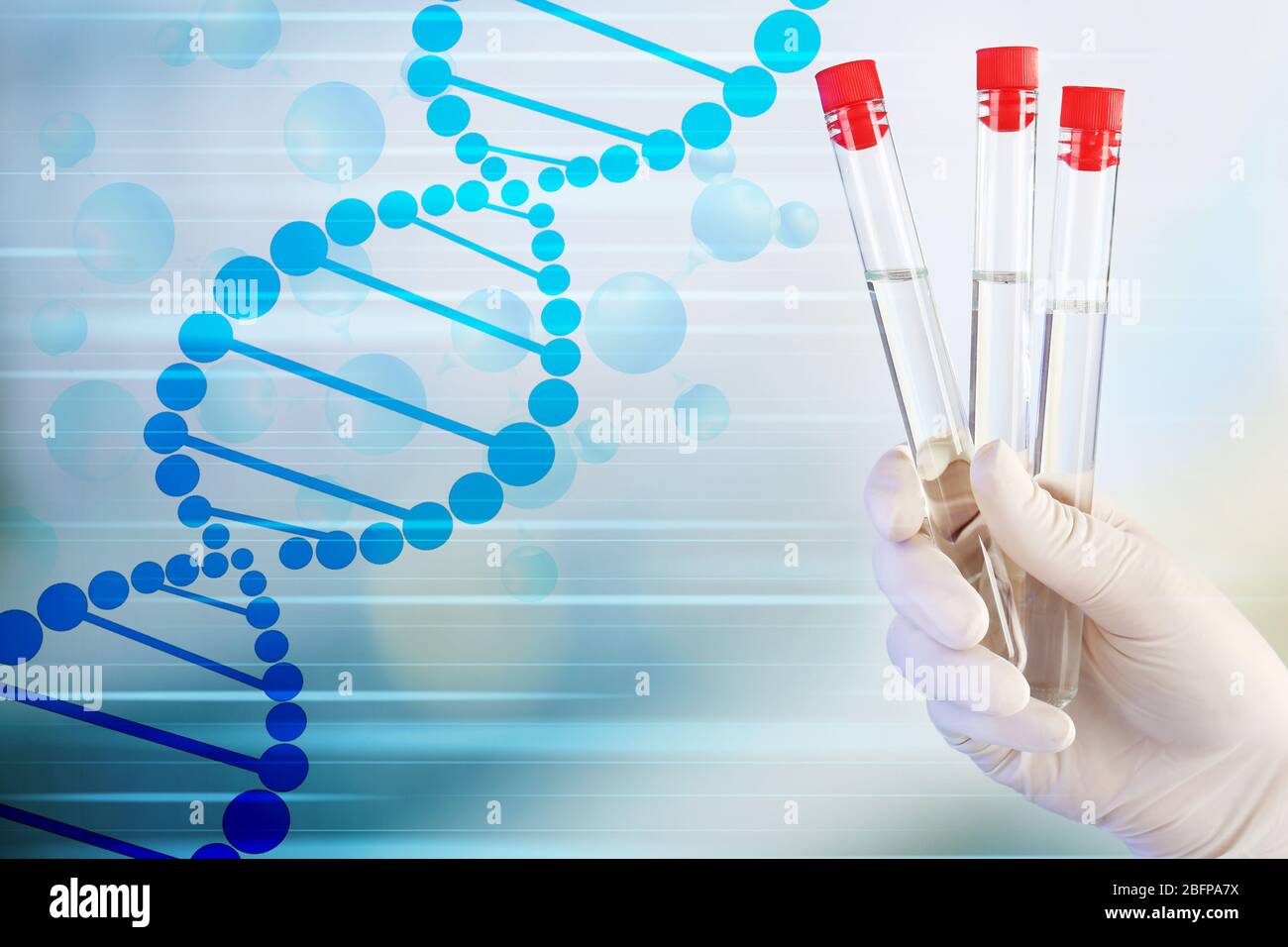 Scientist hand in glove with test tubes. DNA research technology ...