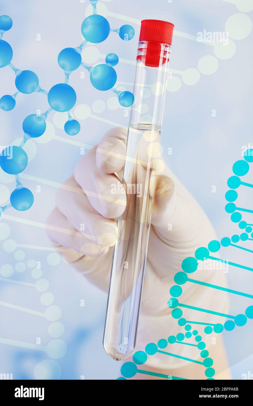 Scientist hand in glove with test tube. DNA research technology concept ...