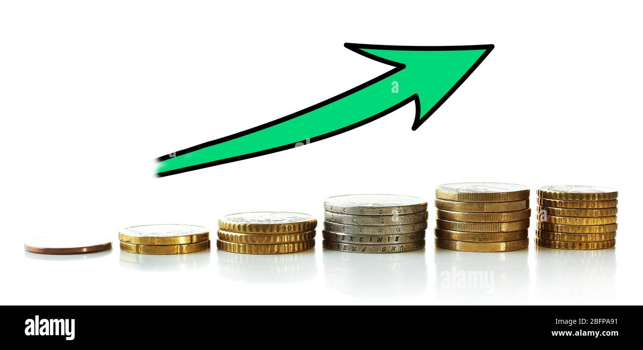 Stacks of coins on white background. Currency exchange rate concept ...