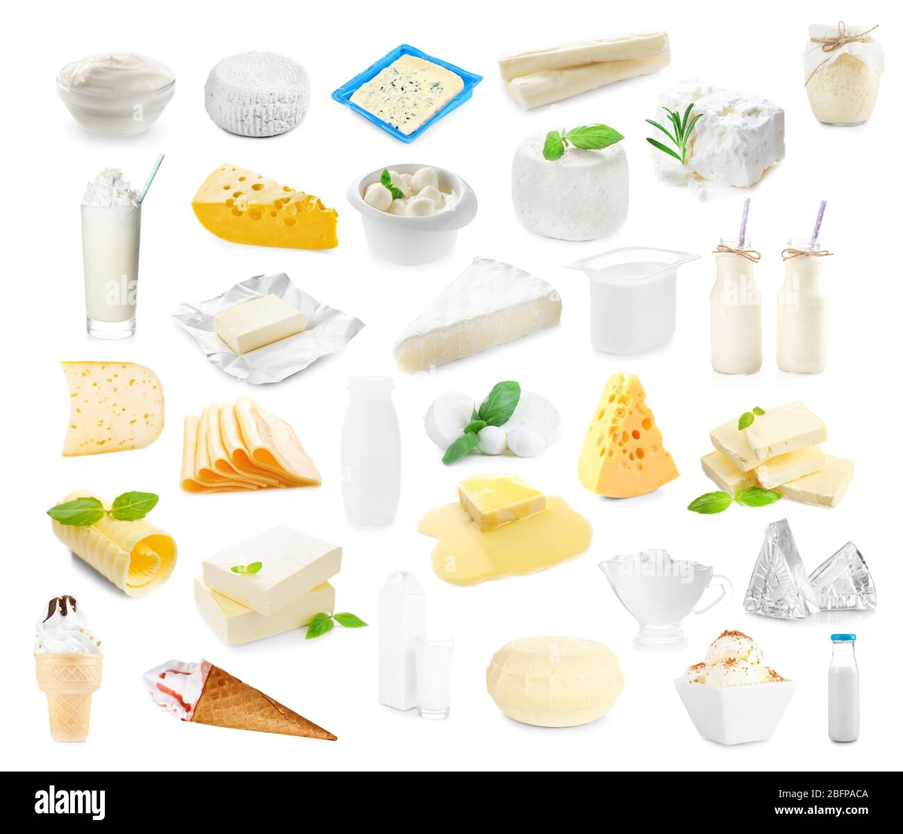 Different types of dairy products on white background. Dairy food ...