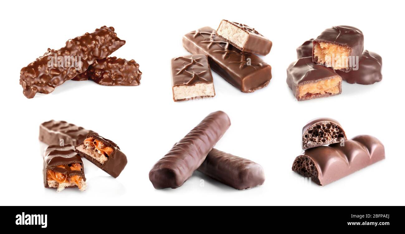 Collage of delicious chocolate bars on white background Stock Photo - Alamy
