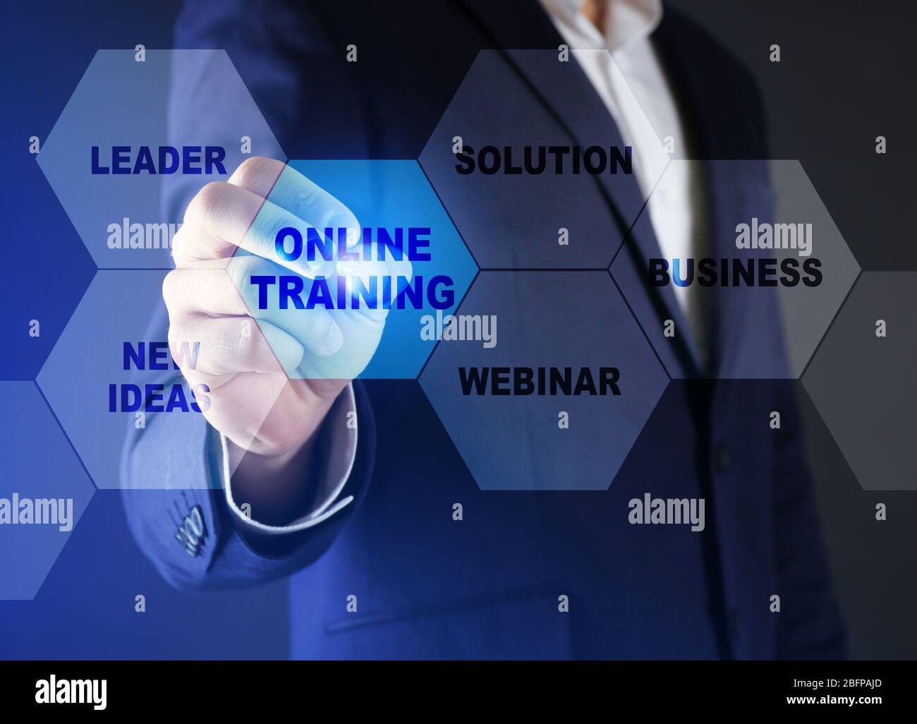 Businessman pushing ONLINE TRAINING button on virtual screen. Business ...