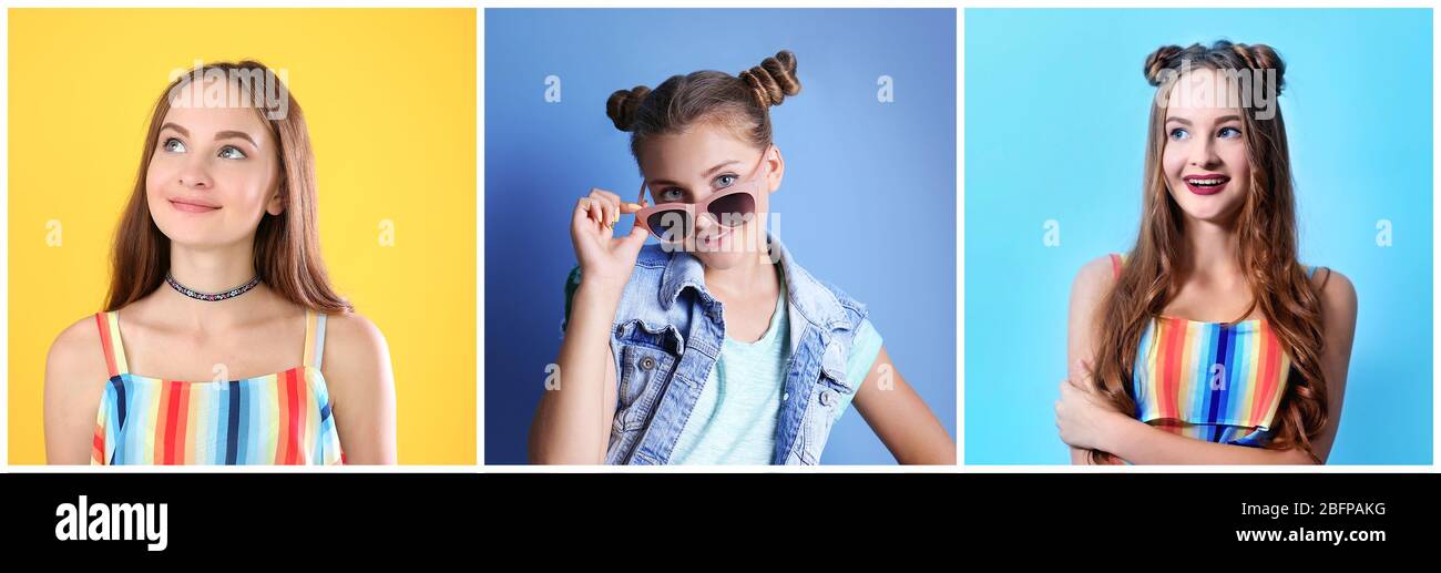 Teenager girls on colored background Stock Photo - Alamy