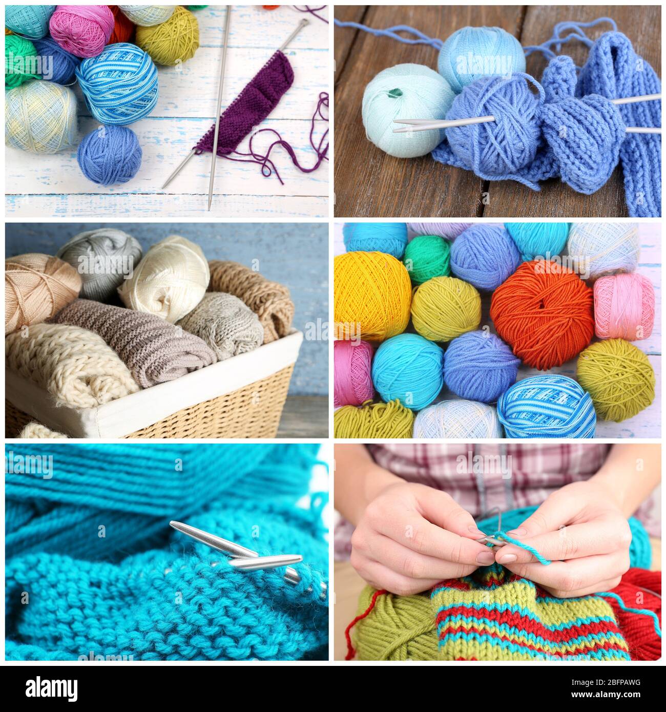 Knitting collage. Female hands knitting. Hobby and handicraft concept ...