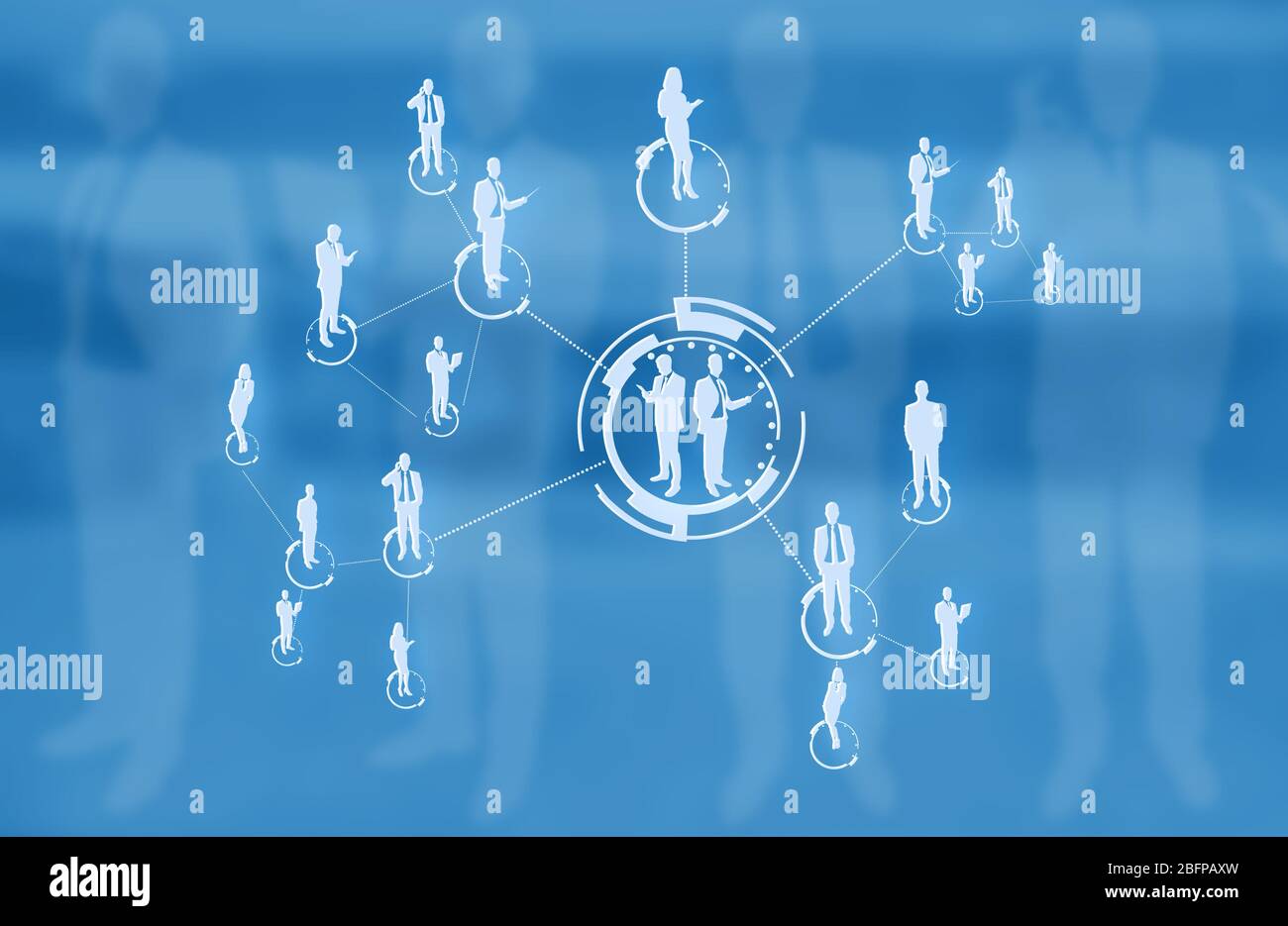 Business people silhouettes and social network connection on abstract ...