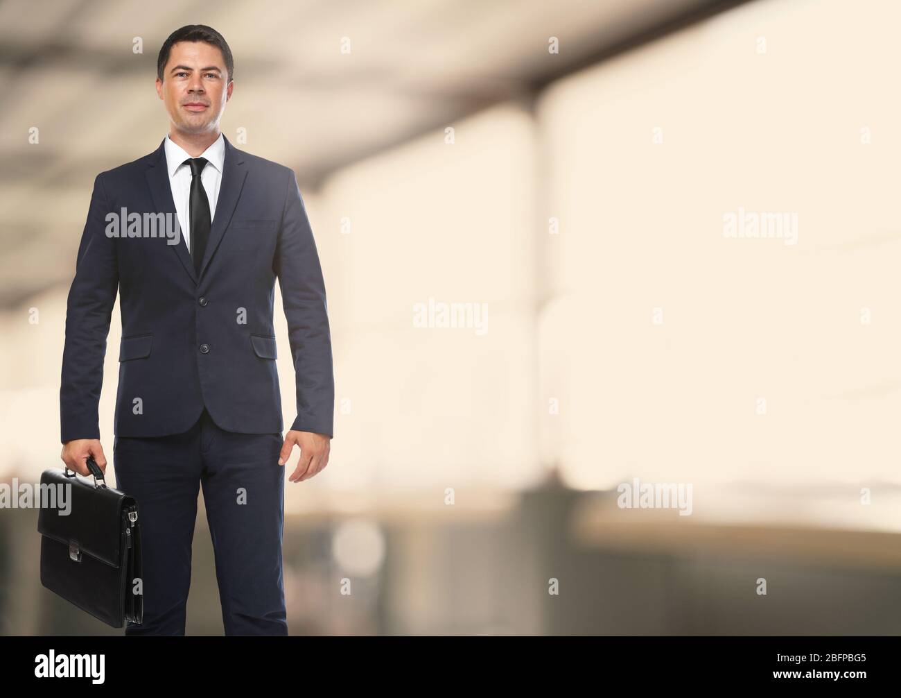 Businessman with briefcase on blurred office background. Lawyer and ...