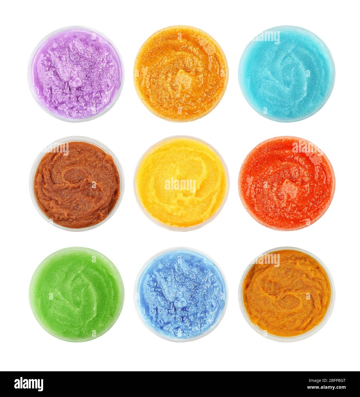 Collage of natural scrubs in container on white background Stock Photo ...