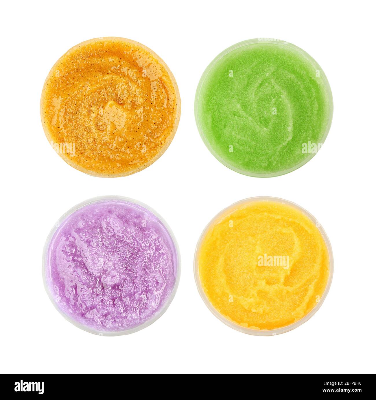 Collage of natural scrubs in container on white background Stock Photo ...
