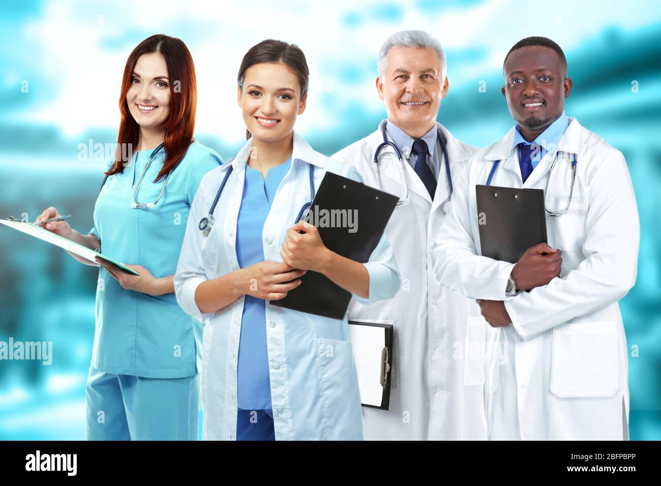 Medical team on blurred hospital background. Health care concept Stock ...