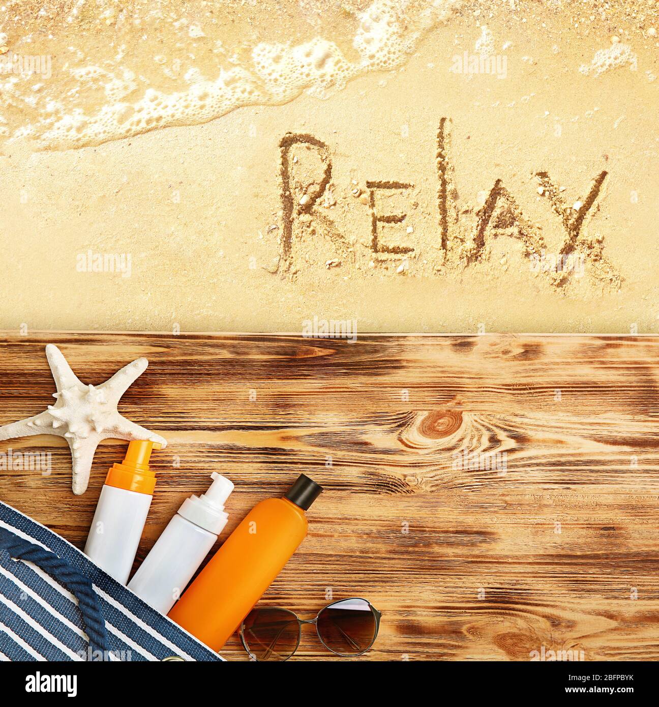 Summer beach set on sand background Stock Photo - Alamy