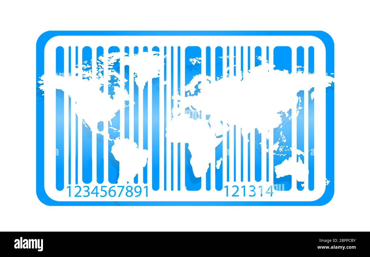 World map and blue bar code on white background. Global trade concept ...