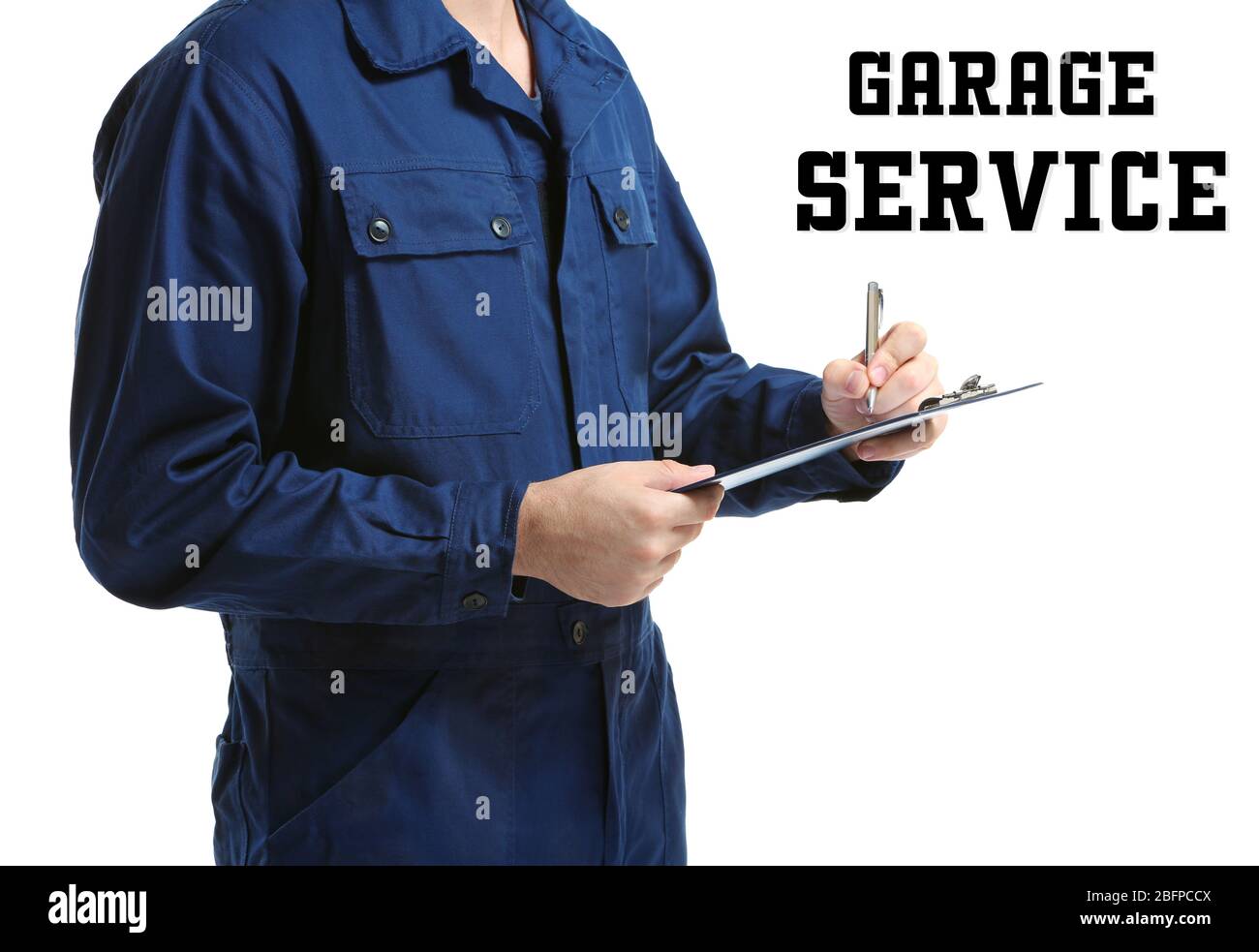 Mechanic in uniform with a clipboard and pen on white background Stock ...