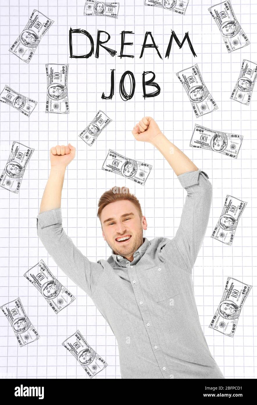 Young happy man with money drawings on checkered pattern background ...