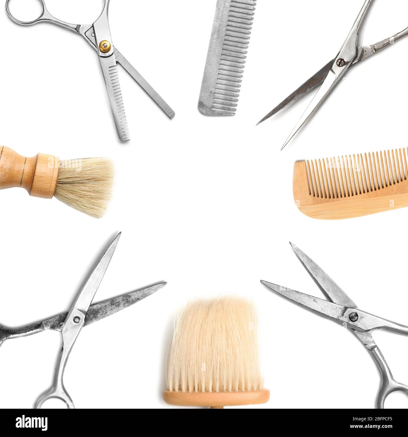 Different professional barber equipment with space for text on white ...
