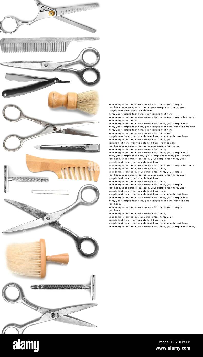 Different professional barber equipment with space for text on white ...