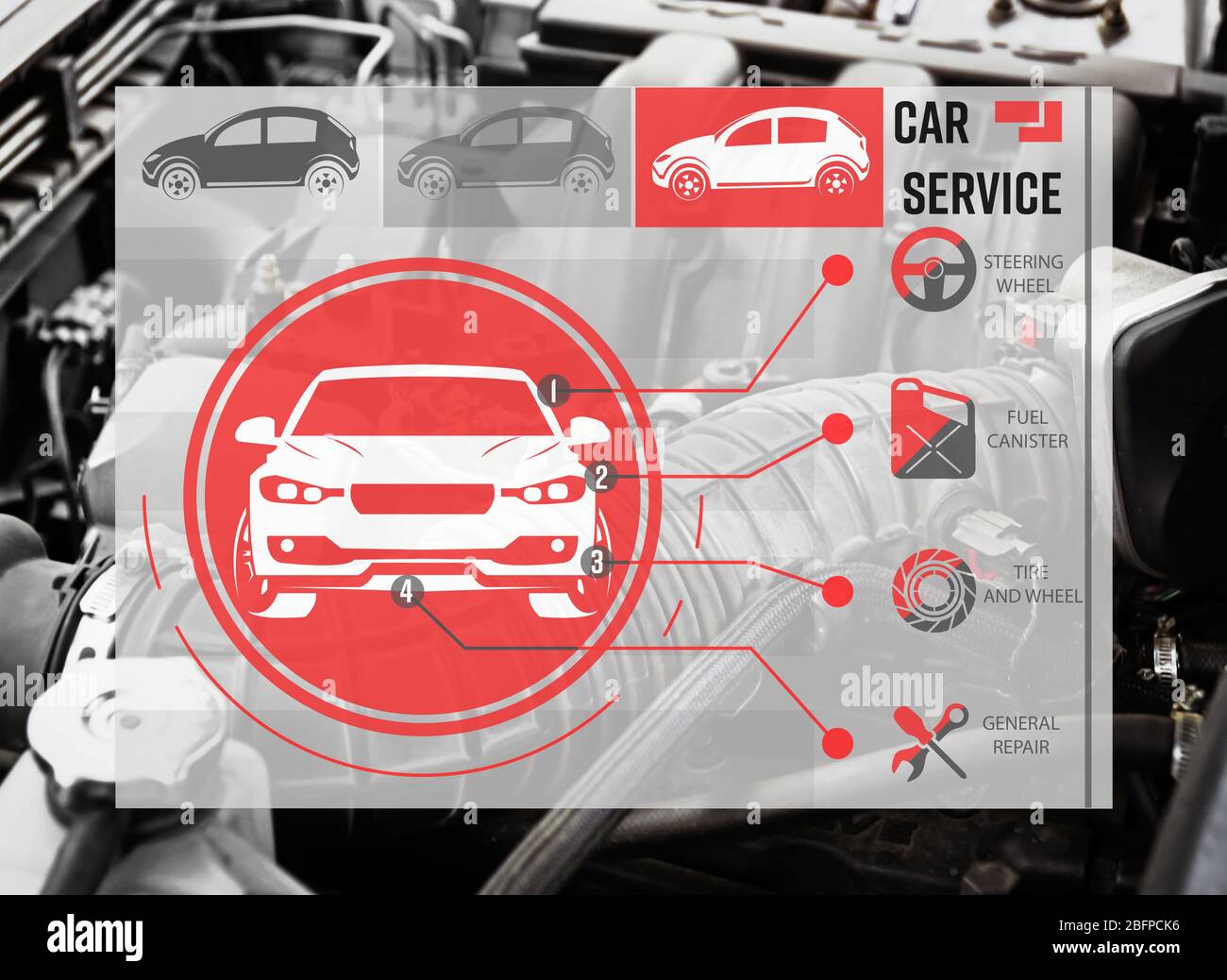 Interface of modern car diagnostic program on engine background. Car ...