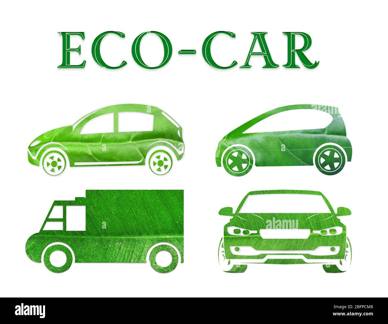 Different transport silhouettes made of green leaf with word ECO-CAR on ...