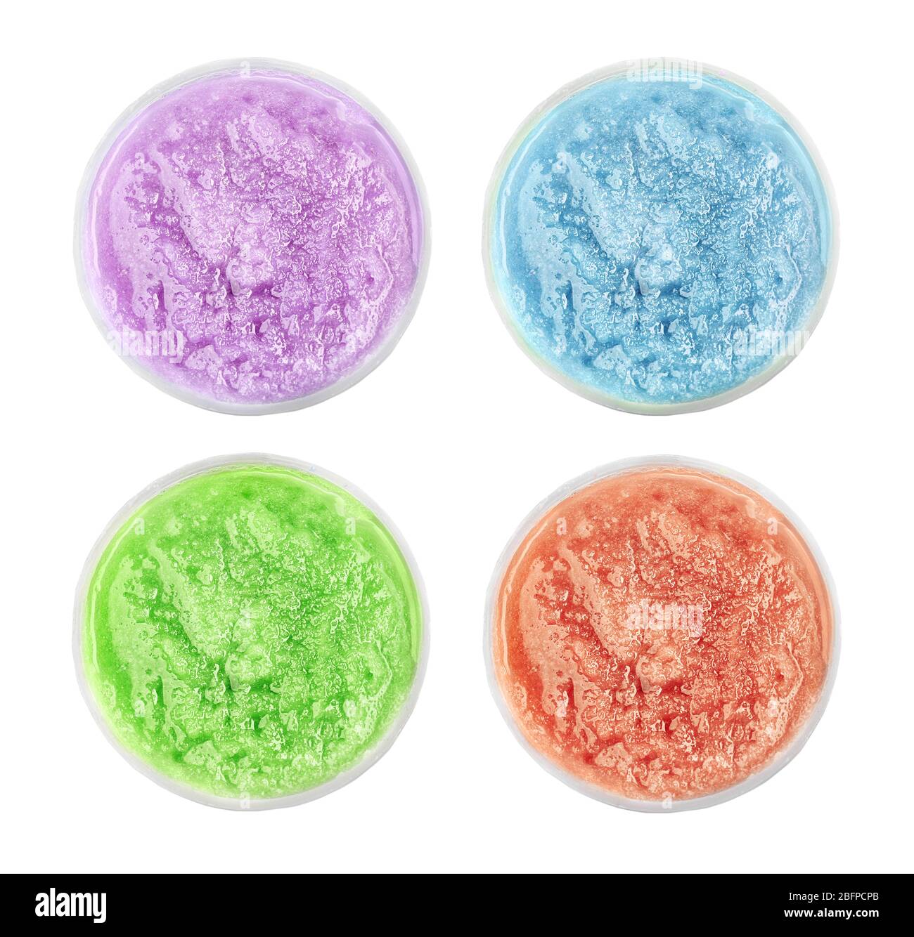 Collage of natural scrubs in container on white background Stock Photo ...