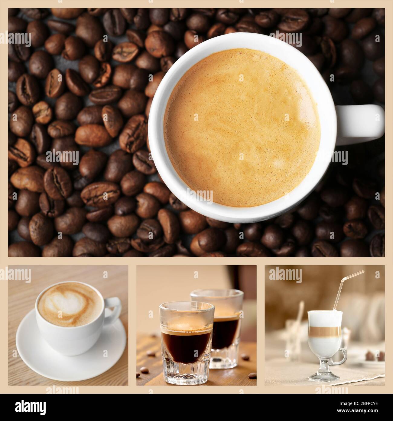 Collage of cups with fresh coffee Stock Photo - Alamy