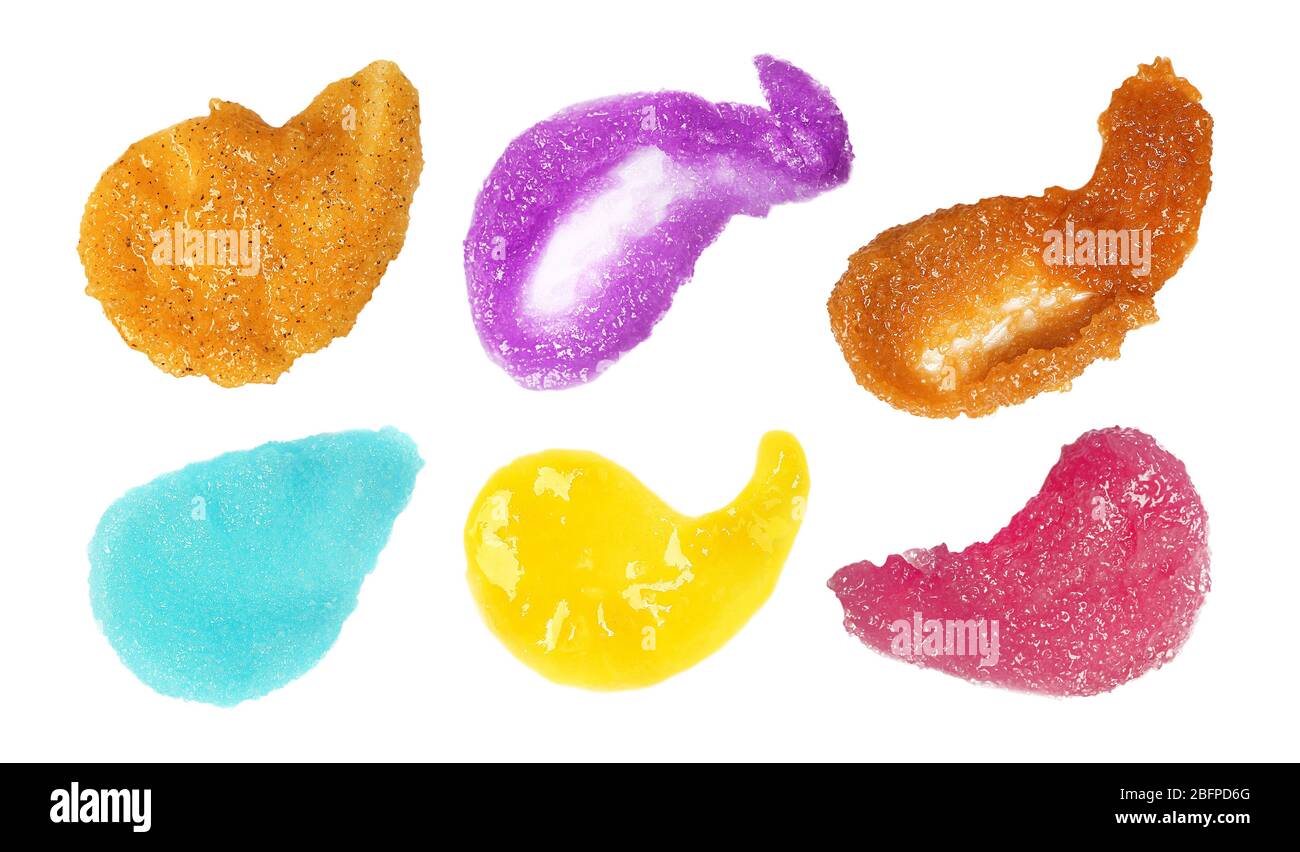 Collage of scrub samples on white background Stock Photo - Alamy