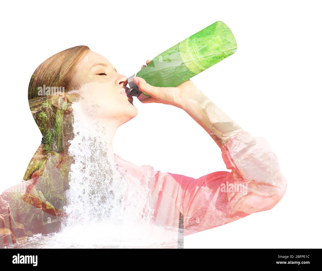 Double exposure of landscape and young woman drinking water on white ...